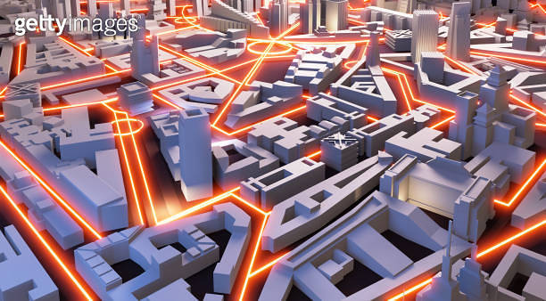 3D Render abstract modern city with neon street lines representing ...