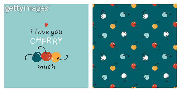 Cute Cherry Vector Set. Seamless Pattern and Print or Poster with ...