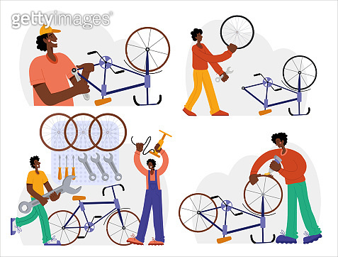 Bicycle repair. The mechanic repairs the bicycle, the mechanic inflates ...
