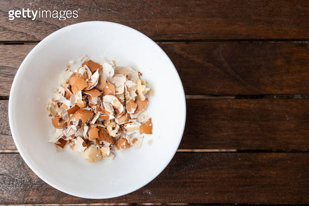 Overhead view of crushed egg shell in bowl. Egg shells are organic ...