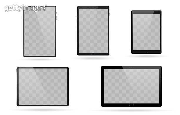 Big set of the realistic tablets with transparent screen. Realistic ...