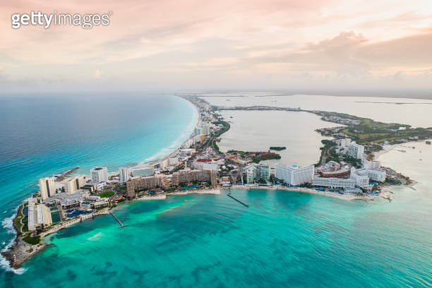 Aerial panoramic view of Cancun beach and hotel zone in Mexico ...