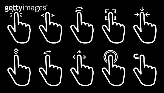 Hand Gesture Swipe big collection icons on black background. Vector ...