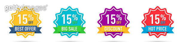 Set of different 15 off percentage promotion badges 이미지 (1322517128) - 게티이미지뱅크