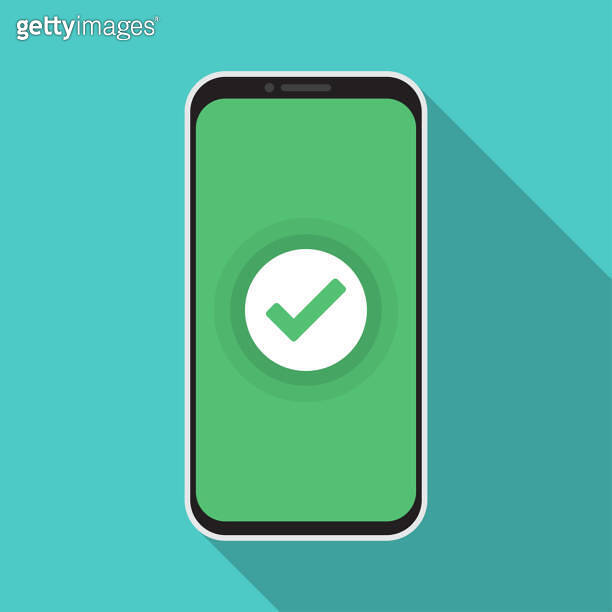Smartphone with green checkmark notification in a flat design 이미지 ...