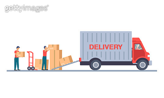 Track delivery with driver and logo on board. Delivery person ...