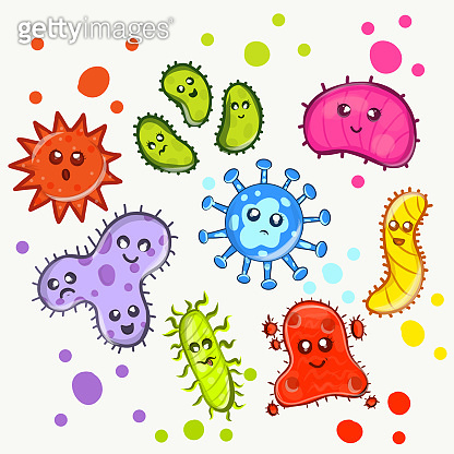 Big bright stickers set with cute bacterias. Smiling pathogen microbes ...