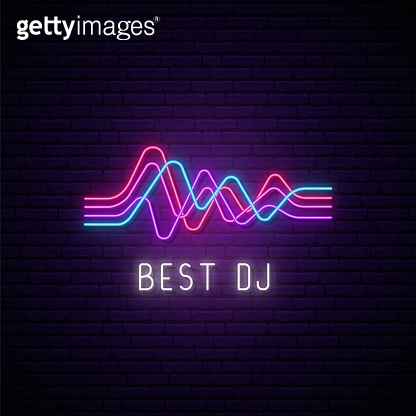 Neon wave sign. Glowing abstract waves and text DJ on brick wall ...