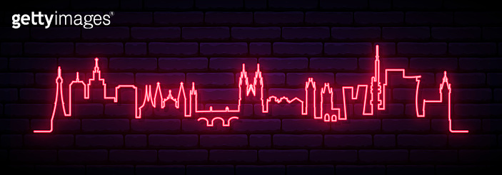 Red neon skyline of Prague. Bright Prague City long banner. Vector ...