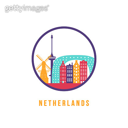 Famous Netherlands landmarks silhouette. Colorful Netherlands skyline ...