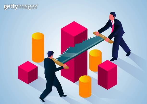 Two businessmen saw the bar graph and histogram cut, profit splitting ...