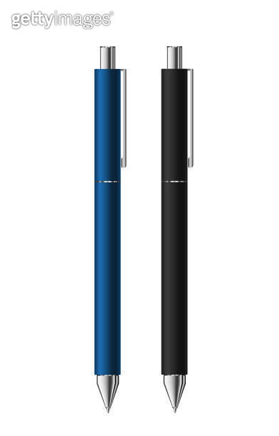 Ballpoint pens mockup. Vector 3d realistic. Black and blue. Two classic ...
