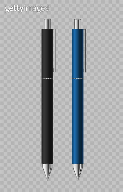 Ballpoint pens mockup. Vector 3d realistic. Black and blue. Two classic ...