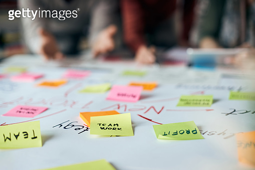 Close-up of business mind map with word teamwork on yellow adhesive ...