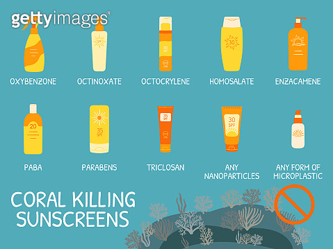 Sunscreen ingredients that can kill coral reefs. Chemical sea pollution ...