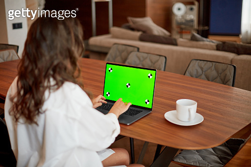 Business woman typing on laptop. Remote online job. Green screen ...