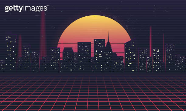 Retro futuristic night city. Cityscape with neon lights, retro sun and ...