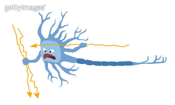 an aggressive neuron with lightning bolts, a brain cell under stress ...