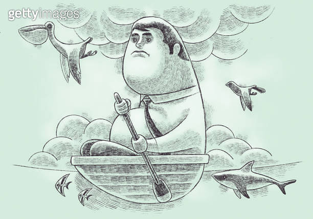 fat businessman rowing with pelican and shark 이미지 (1350193832) - 게티이미지뱅크