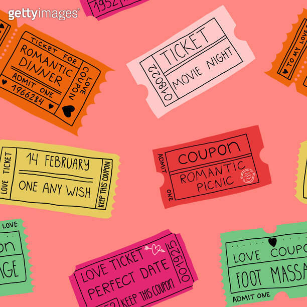 Love coupons, couple pastime tickets seamless pattern. For a romantic ...
