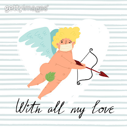 A cute hand-drawn flying Cupid in medical face mask with slings and ...