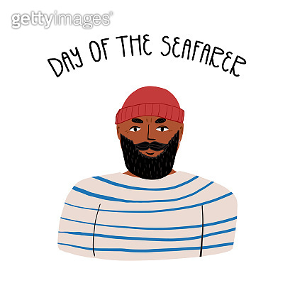 World fisheries day lettering greeting card design. A bearded seaman in ...
