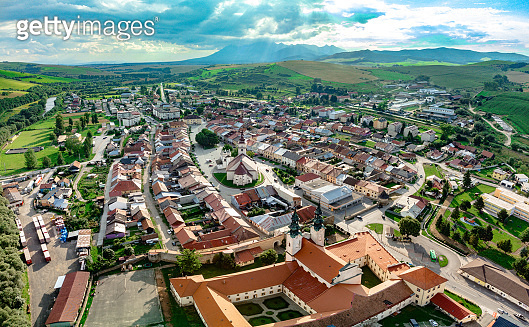 Aerial view of the of Podolinec town in Slovakia, along with its river ...