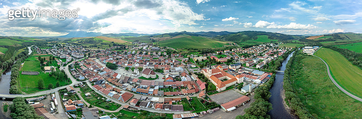 Aerial view of the of Podolinec town in Slovakia, along with its river ...