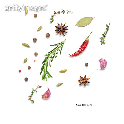 Various spices and seasonings isolated on a white background. Creative ...