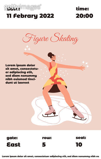 Figure skating ticket with women skater, cartoon flat vector ...