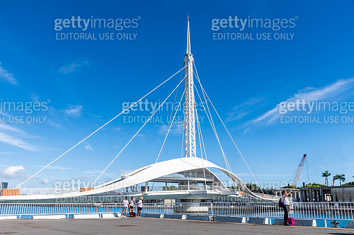 Tourists are visiting the scenery of Great Harbor Bridge in Kaohsiung ...