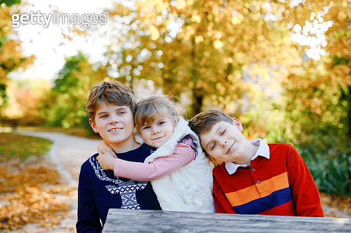 Portrait of three siblings children. Two kids brothers boys and little ...