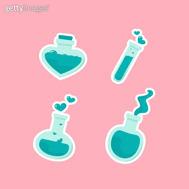 Set of cute bottle love potion and flask of magic elixir. Decoration ...