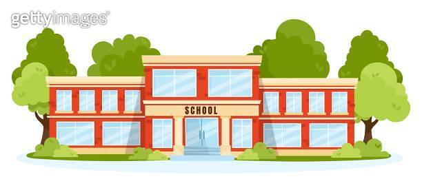 Front view of a classic orange school building with big windows and ...