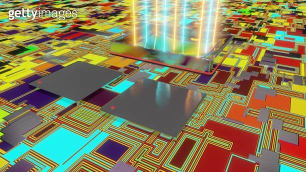 Sensor for digital camera with rays of light, 3D rendering macro on ...