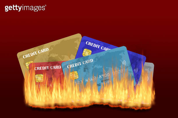 Burning Credit Cards With Fire and Smoke Isolated on Red Background 이미지 ...