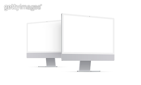 Two Computer Monitors Silver Mockups, Perspective Side View 이미지 ...