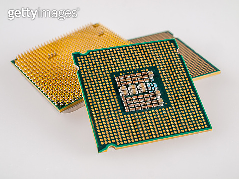 several different types of microprocessors for a computer, close-up ...