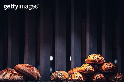 Composition of ordinary bakery with bread and buns in a bakery ...