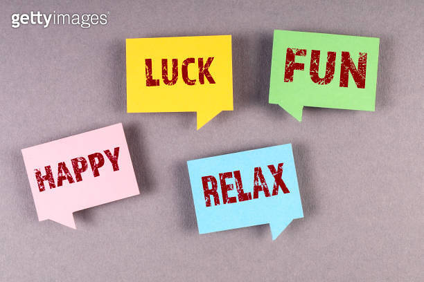 Happy, Luck, Fun and Relax. Holidays and stress concept. Speech bubbles ...
