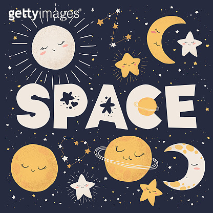 Vector illustration with cute hand drawn cartoon space objects ...