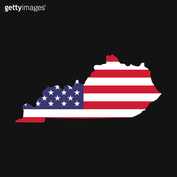 Kentucky state map with American national flag on black background 이미지 ...