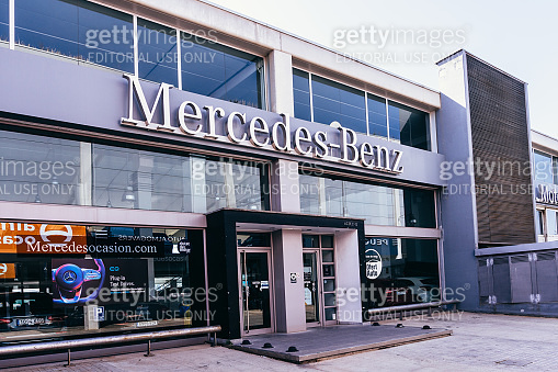 Logo and facade of Mercedes-Benz, a German manufacturer of luxury ...