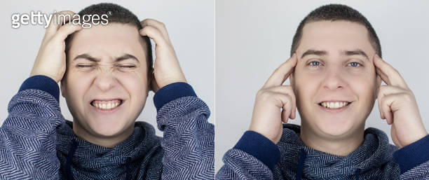 Before and after. On the left, the man indicates a headache, and on the ...