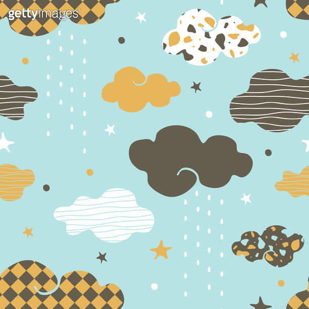 Repeat vector pattern with textured clouds on blue background. Simple ...