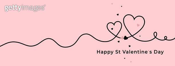 Happy Valentine's Day horizontal pink banner with black line hearts ...