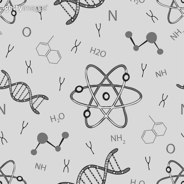 Repeat vector pattern with DNA and atoms on grey background. Simple ...