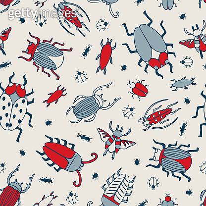 Repeat vector pattern with hand drawn beetles on off white background ...