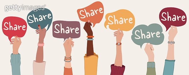 Arms and hands up of multicultural group people holding speech bubble ...