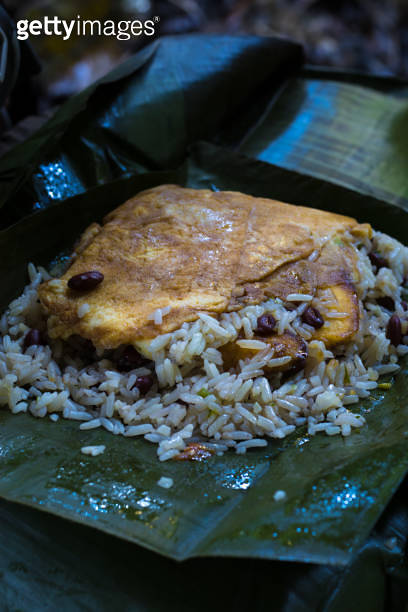 traditional Costa Rican breakfast called Gallapinto wrapped in banana ...
